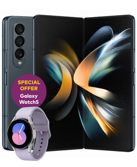 Open angle of the Samsung Galaxy Fold 4 in Greygreen, showing dual ...