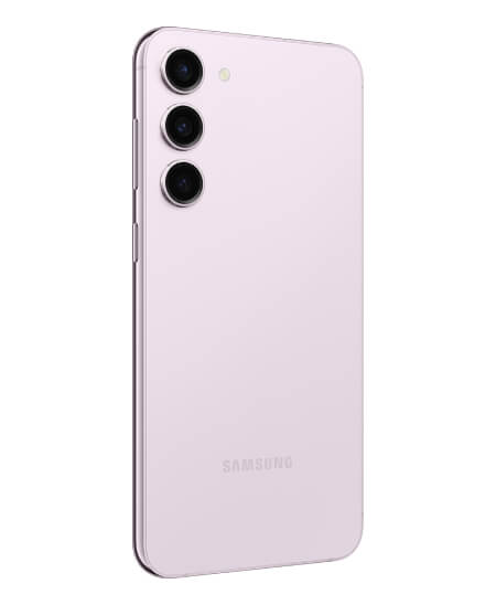 Angled back view of the Galaxy s23 plus in lavender with the three ...