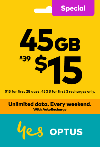 $15 Prepaid SIM 45GB - T&Cs Apply - Optus