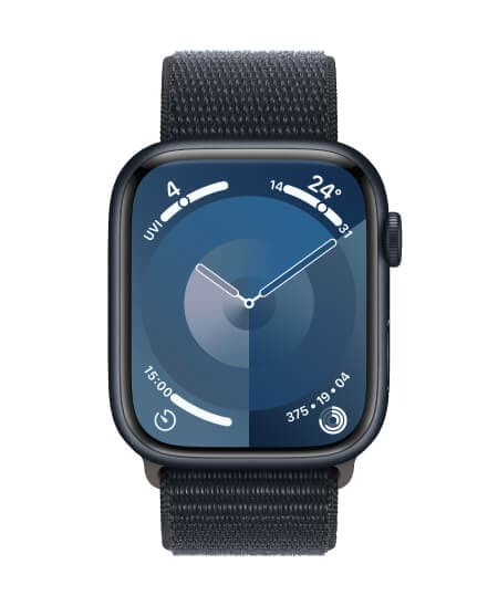 Front view of the Apple Watch Series 9 in midnight with the edge-to ...