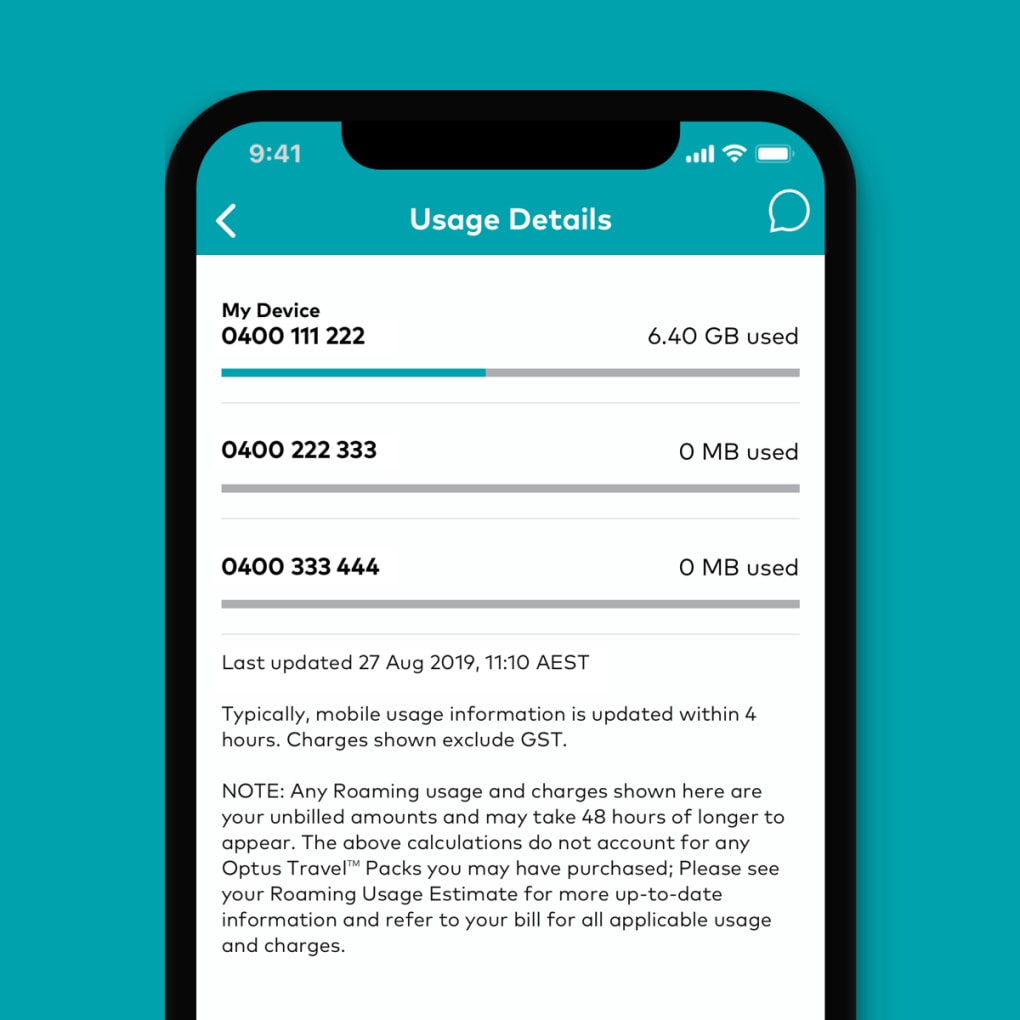 Data Breakdown on My Optus app